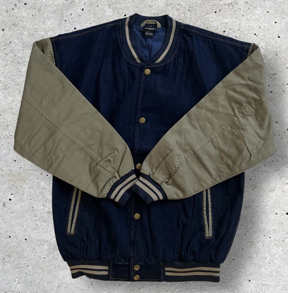 Men's Denim Baseball Jacket - Dark Blue Denim / Khaki Cotton Sleeves ...