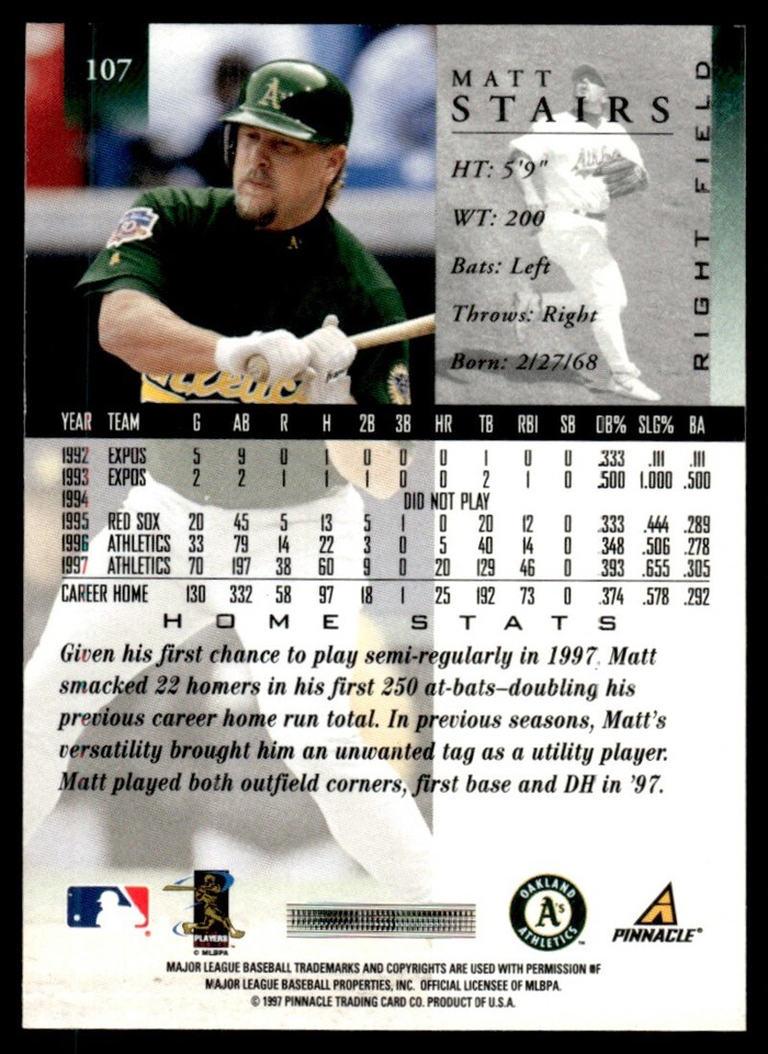 1998 Pinnacle Matt Stairs Oakland Athletics #107 | eBay
