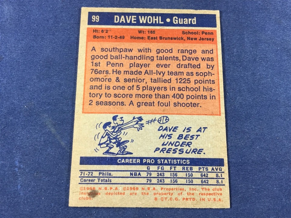 L3-53 BASKETBALL CARD - DAVE WOHL PHILADELPHIA 76ers - CARD #99 - 1972 ...