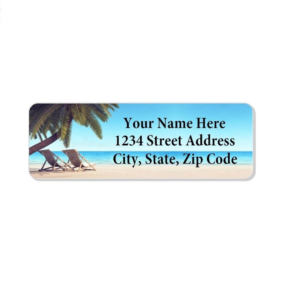 60 Return Address Labels Personalized Printed 3/4 x 2 1/4 Beach Scene ...