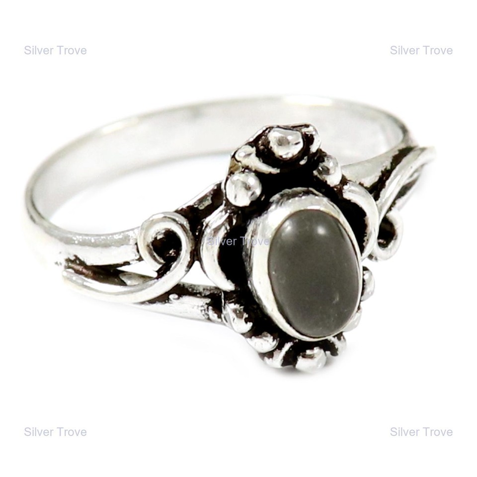 Natural Labradorite Gemstone Band Black Ring 925 Sterling Silver Indian ...