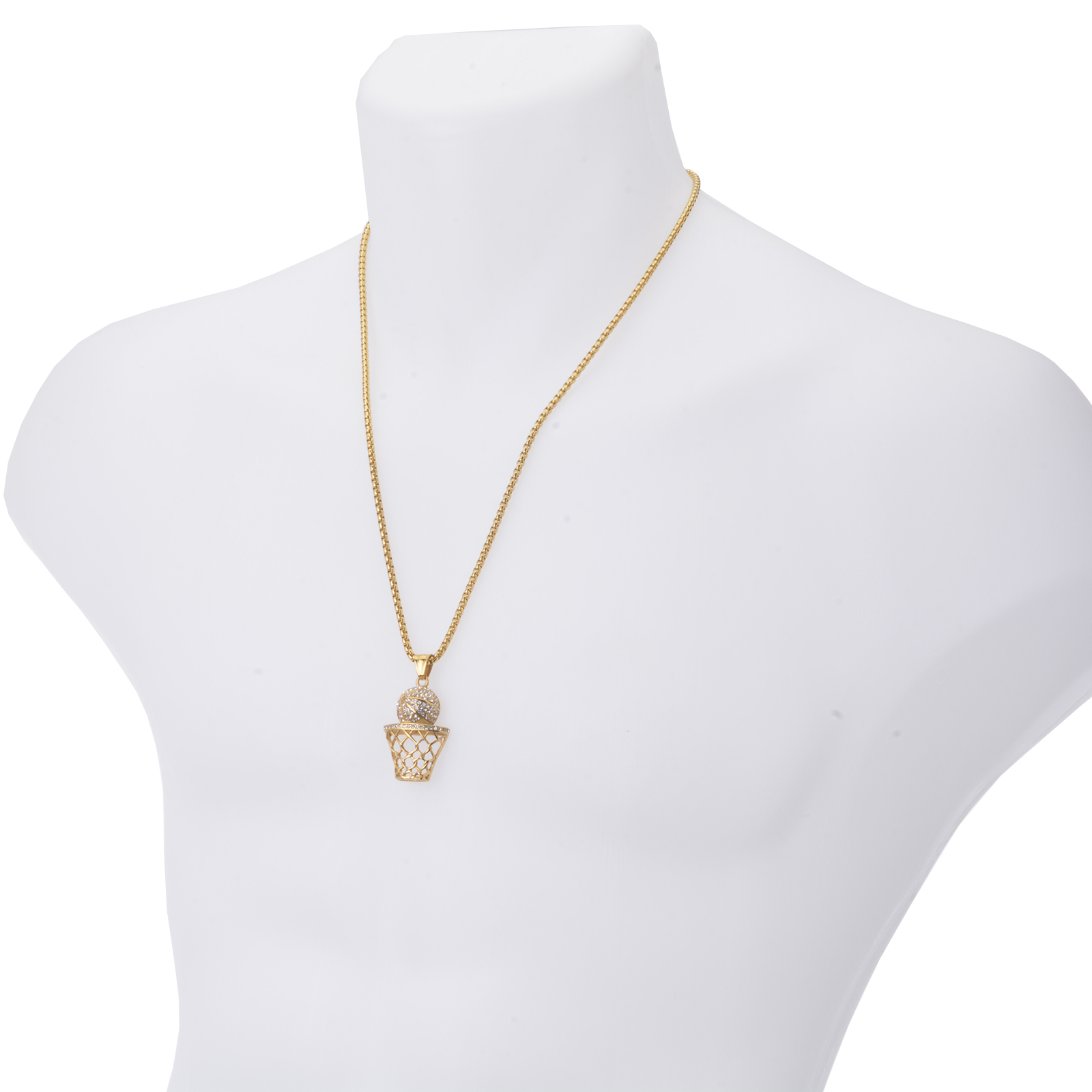 Men's Gold Tone Stainless Steel Basketball Hoop Pendant 24" Box Chain ...