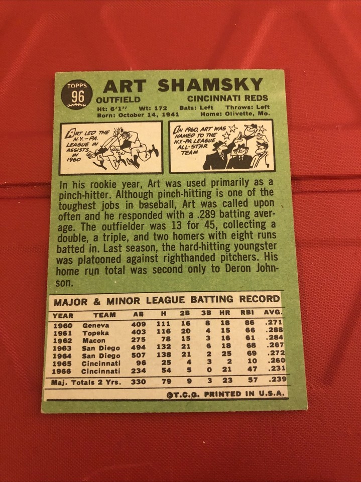 1967 Topps Baseball Card Art Shamsky OF Cincinnati Reds | eBay