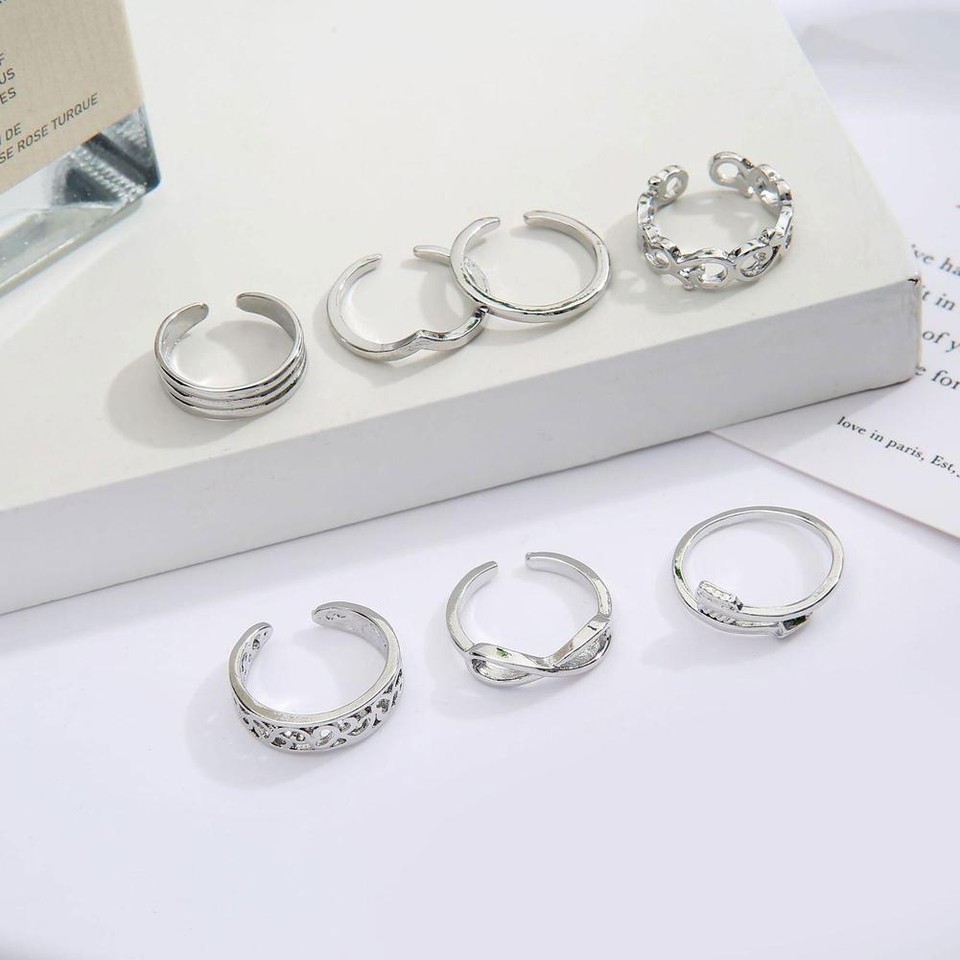8PCS Gold Silver Stamped Adjustable Tail Foot Rin g Midi Gift Rings ...