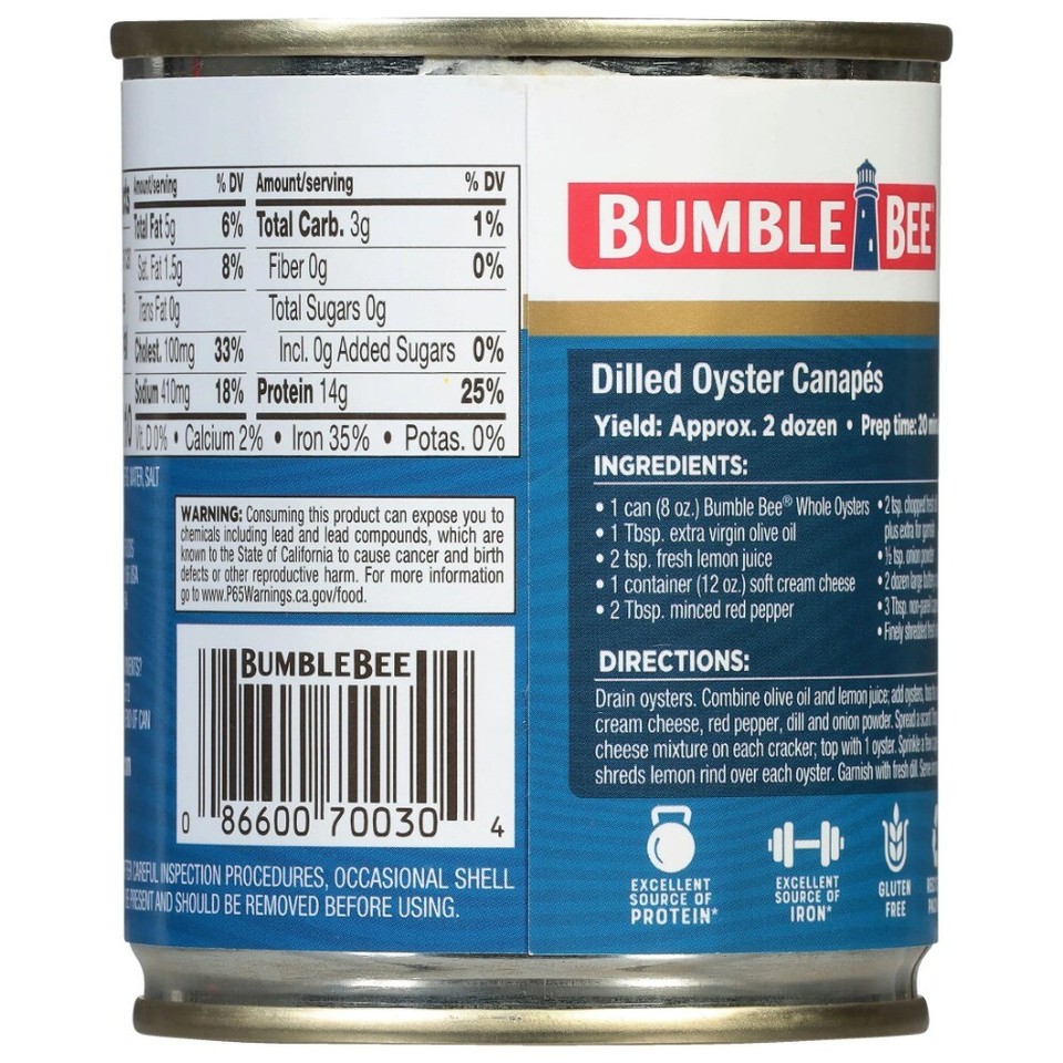 (4 pack) Bumble Bee Whole Canned Oysters, Shelf Stable, 8oz can | eBay