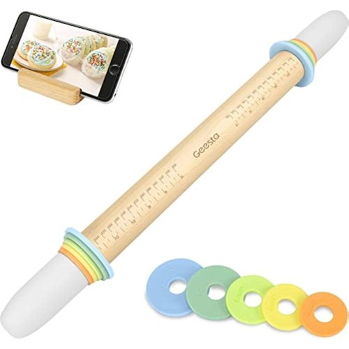 Adjustable wood rolling pin with 5 thickness rings, precise dough roll ...