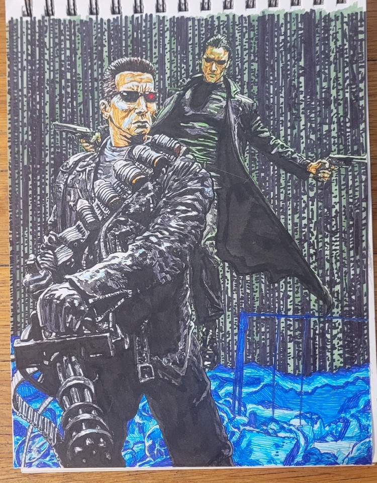 Original ink art Neo vs T-800 the Matrix vs the Terminator | eBay