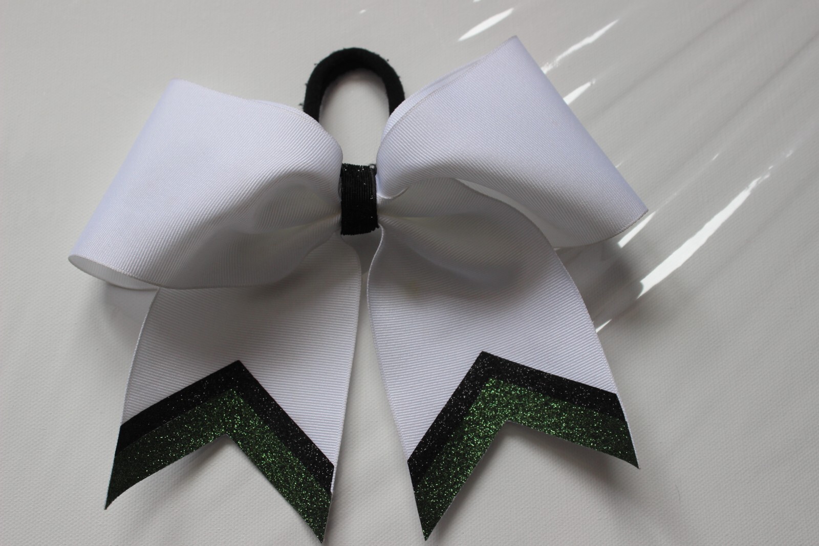 White Cheer Bow with green tails Pony Tail 3 Inch Ribbon Cheerleading ...