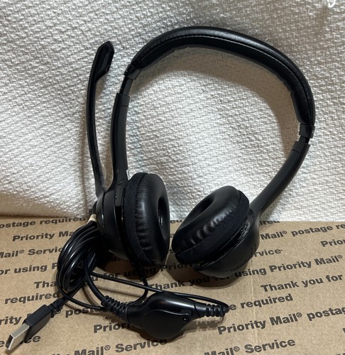 Logitech Logi USB Headphone Headset Mic Wired Black Volume Control ...