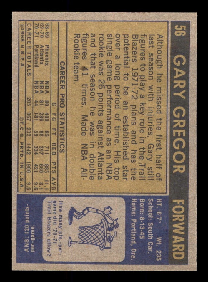 1971 Topps Basketball #56 Gary Gregor NM *e2 | eBay