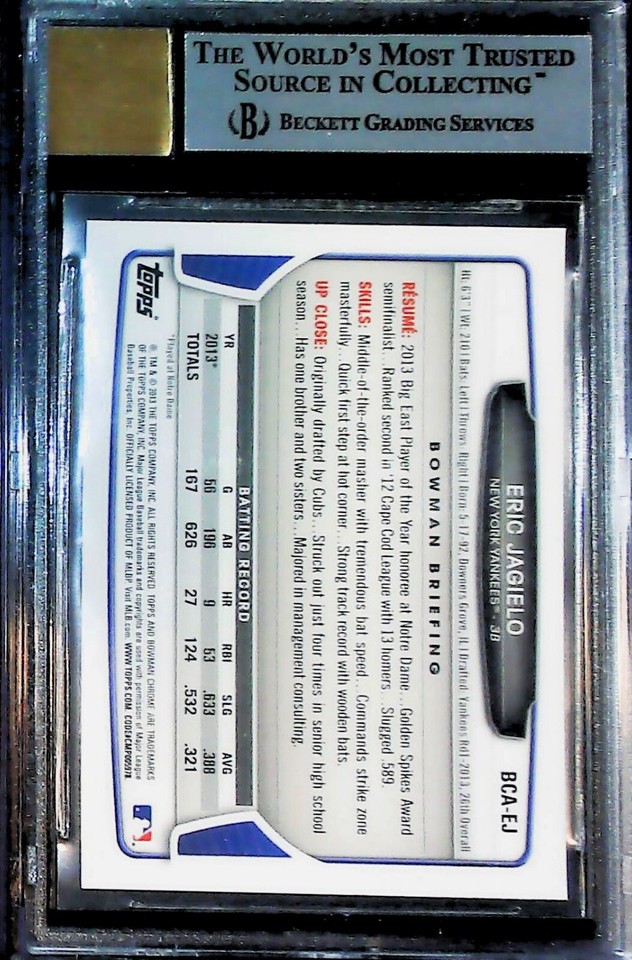 2013 BOWMAN DRAFT PICK BCA-EJ Eric Jagielo Chrome Auto BGS 9 Mint ...