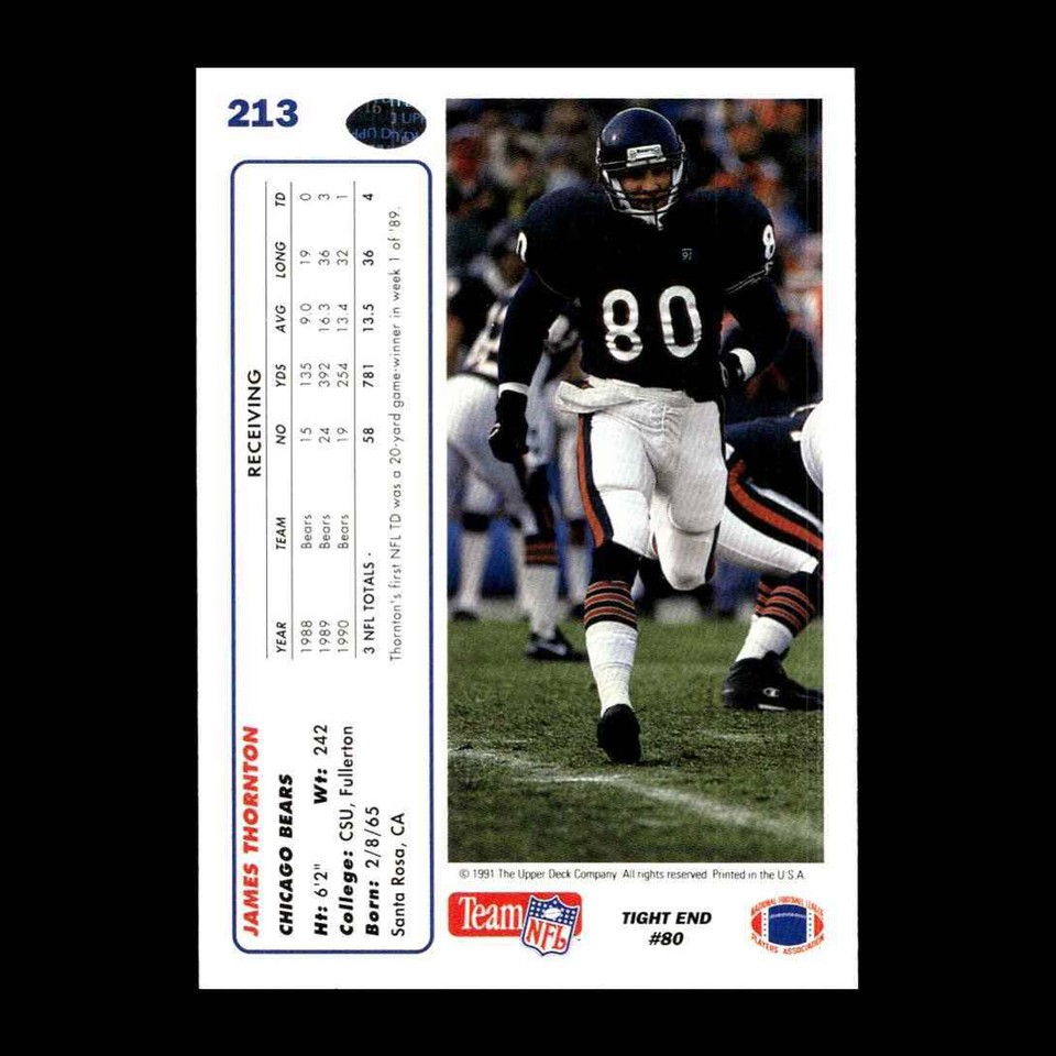James Thornton 1991 Upper Deck Chicago Bears #213 R324I 95 | eBay