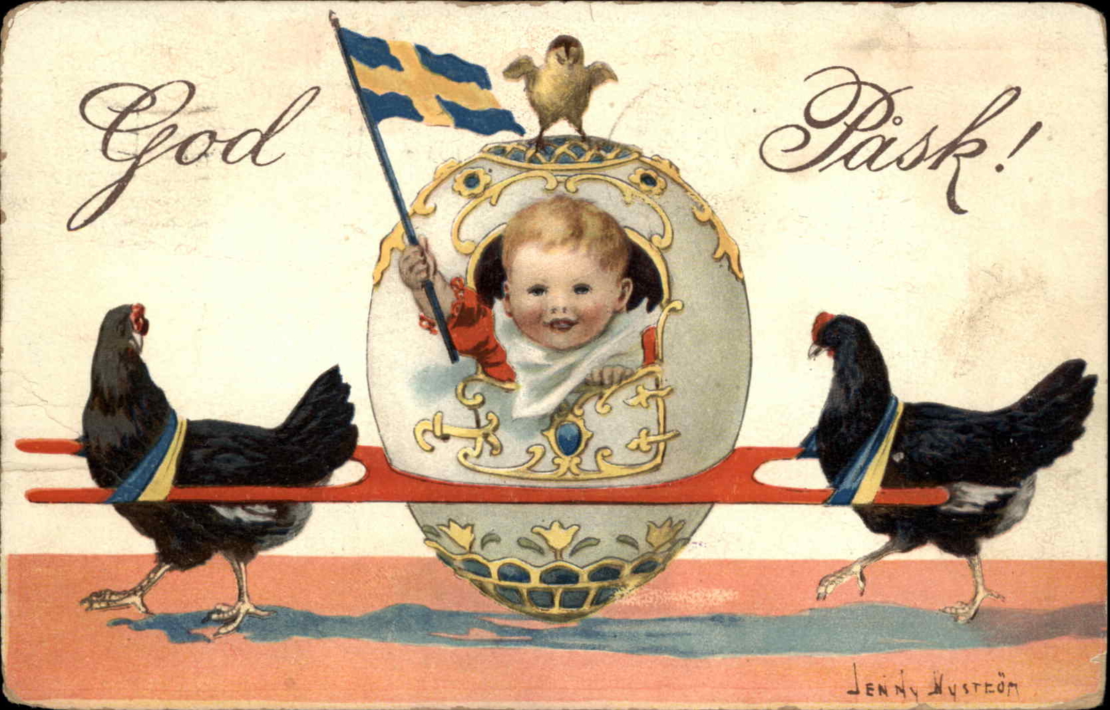 Jenny Nystrom Easter God Pask Baby Swedish Flag Decorated Egg c1910 PC ...