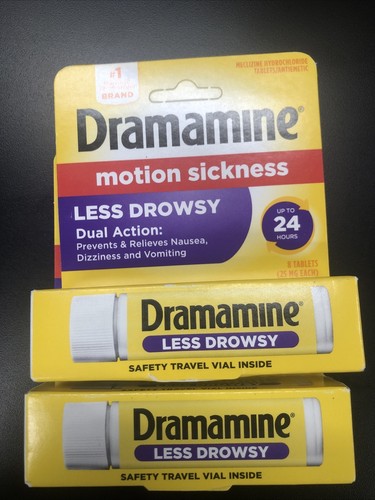 2 Pack Dramamine Less Drowsy Formula 25mg Meclizine HCl Motion Sickness 8ct Each 831248001982| eBay