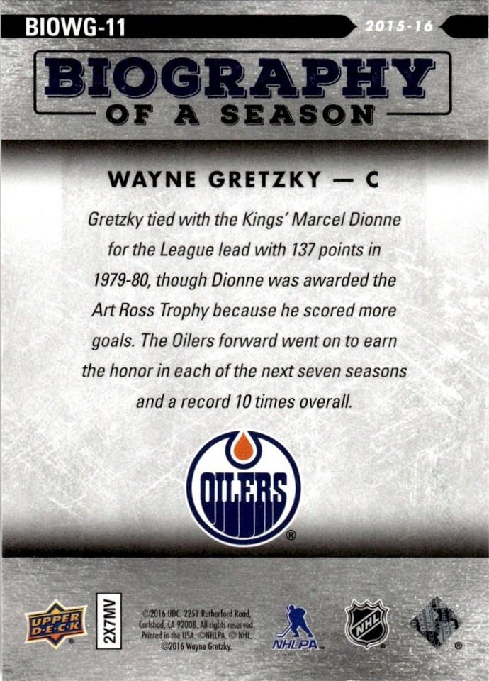 2015-16 Upper Deck Biography of a Season Wayne Gretzky Edmonton Oilers ...