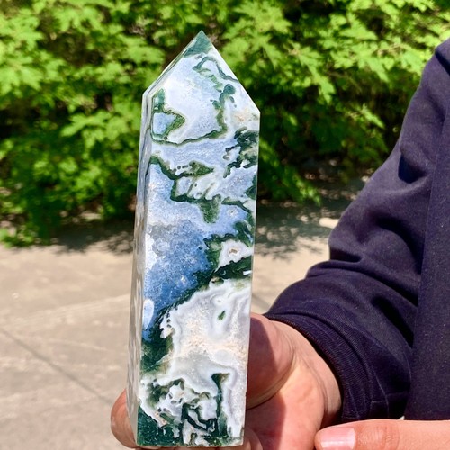 455G Natural green moss agate quartz obelisk crystal aura healing | eBay