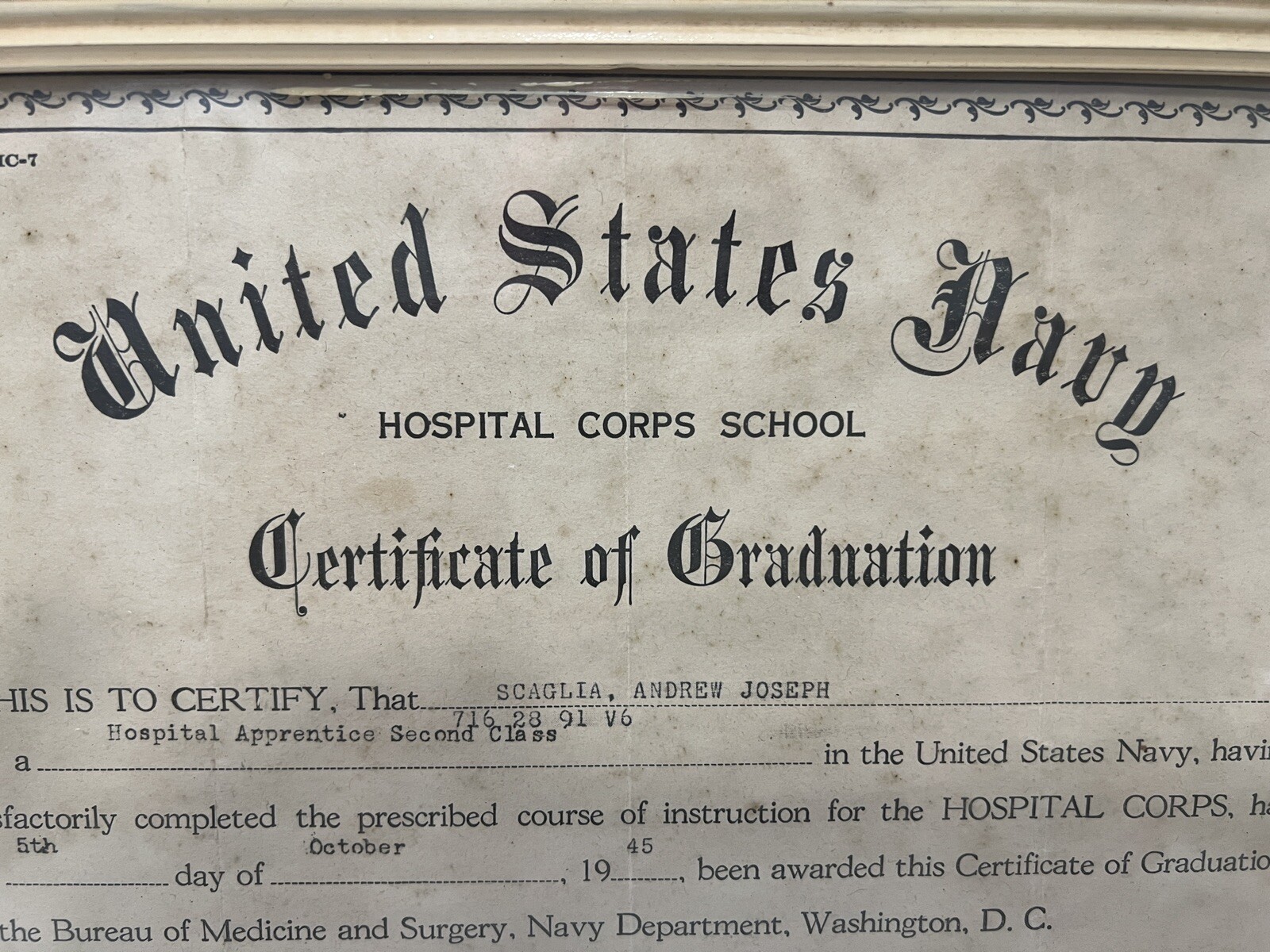Vintage US Navy Hospital Corps School Certificate Of Graduation 1945 ...