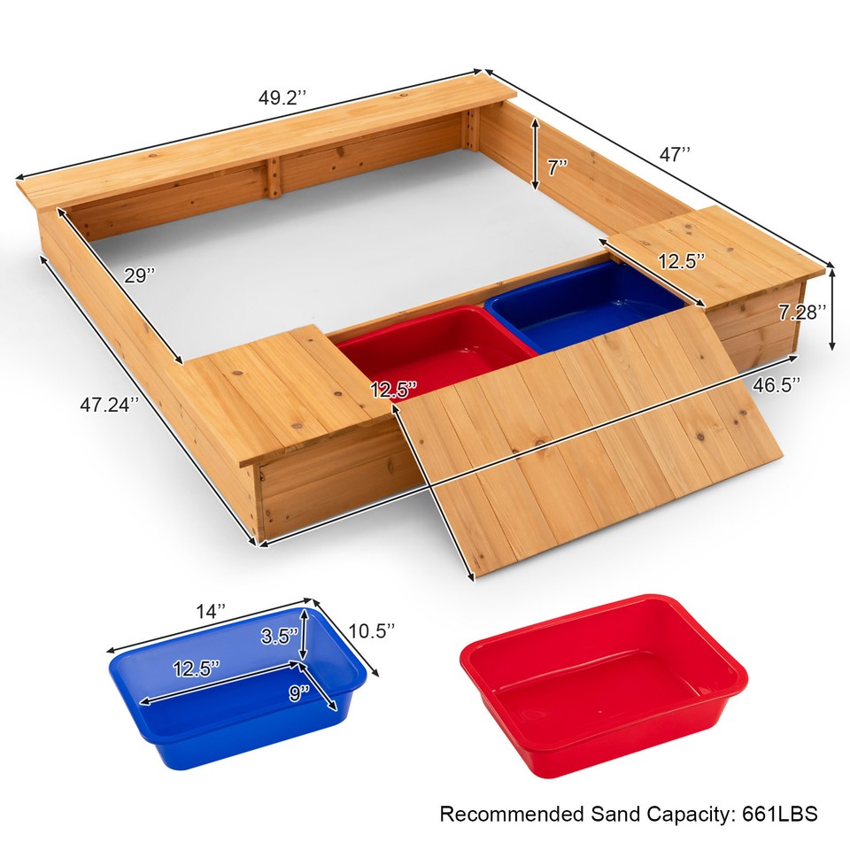 Kids Wooden Sandbox Children Outdoor Playset w/ Bench Seats & Storage ...