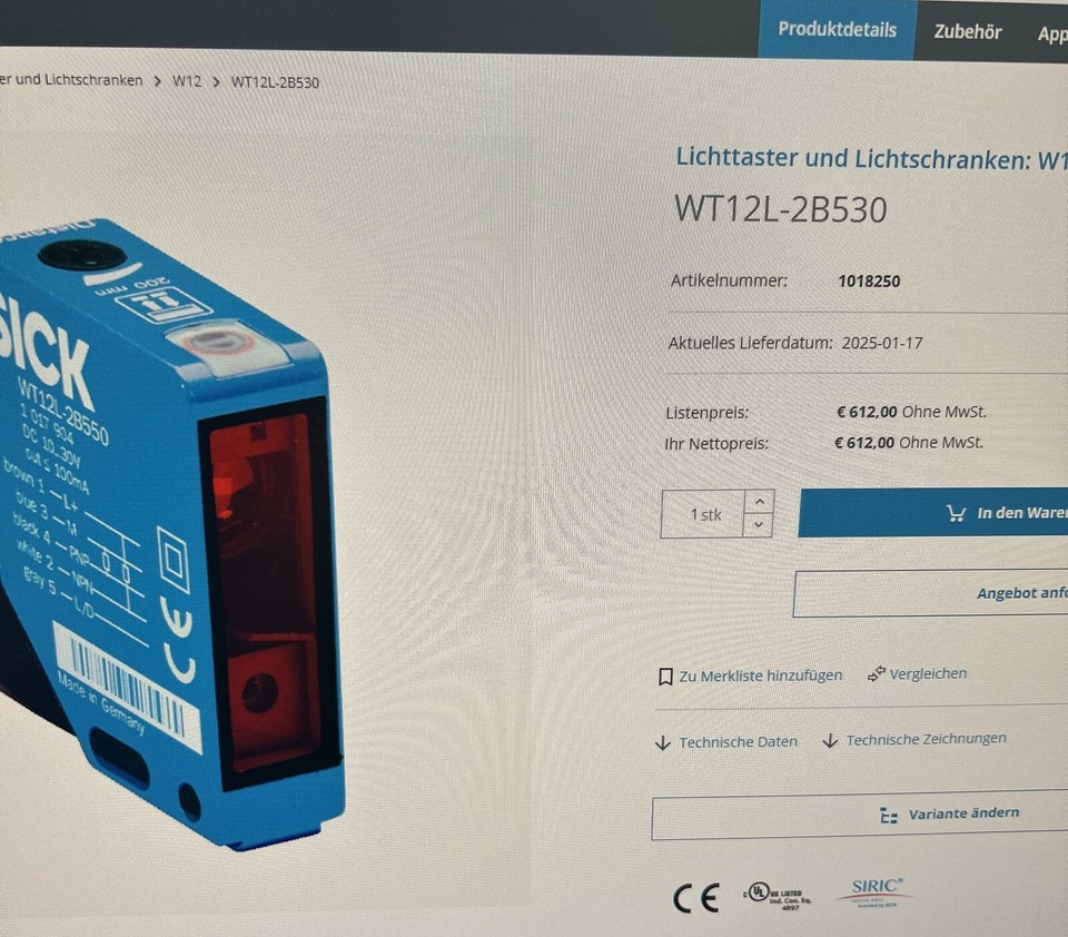 Sick W12L-2B530 (1018250) Lichtschranke/Lichttaster *NEU* | eBay
