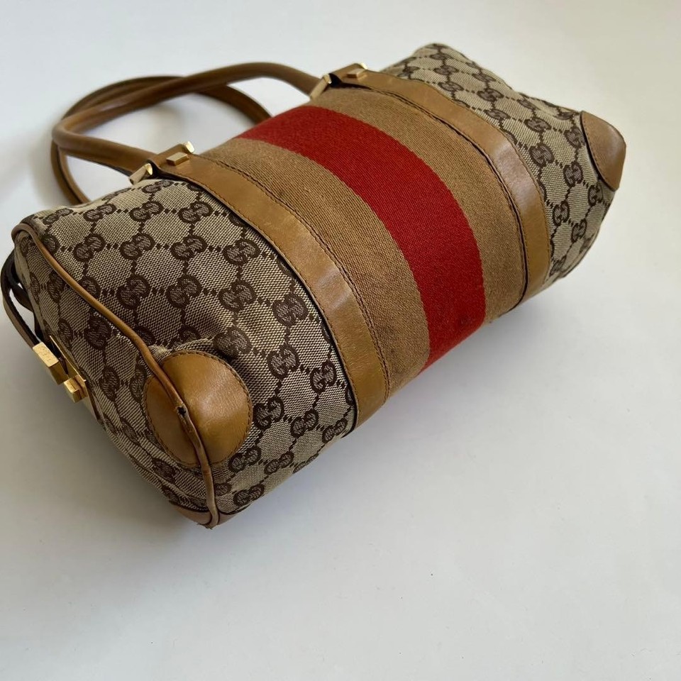 GUCCI Web Stripe GG Mini Boston Bag Beige Canvas Authentic | eBay