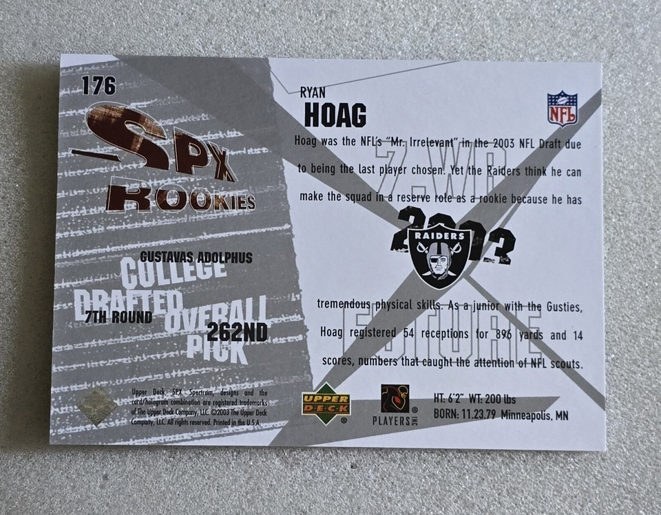 2003 Upper Deck Spx Rookies RYAN HOAG #176 Rookie RC SP #/1500 Raiders ...