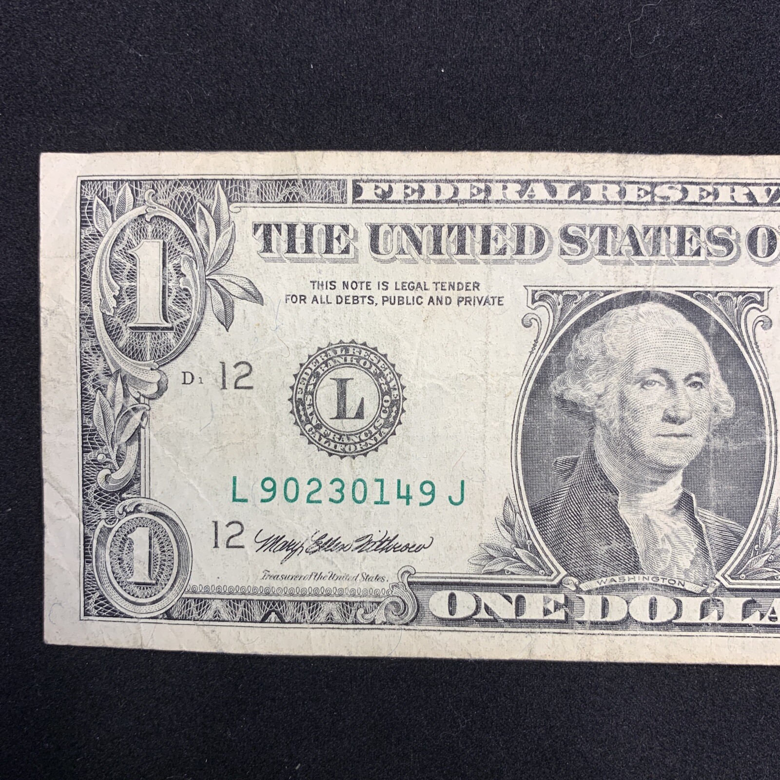 1993-#90230149 -US $1 One Dollar Washington Bill “L” Mint Mark! FW ...