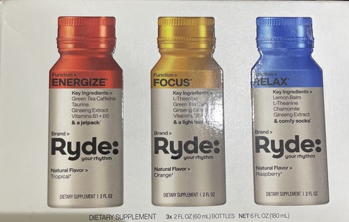 Ryde Your Rhythm Shots USA, 3X 2 Fl OZ Energize,Focus, Relax 3 Pack 3 ...