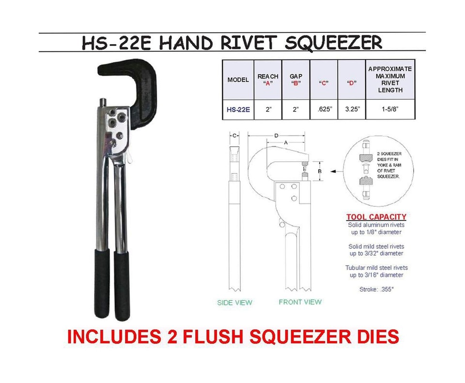 Hand Rivet Squeezer for Solid & Tubular Rivets, with A 2" Reach, & 2 ...