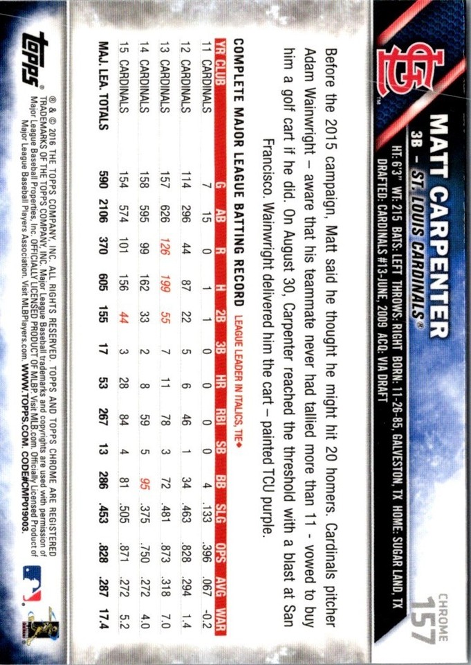 2016 Topps Chrome Matt Carpenter #157 St. Louis Cardinals Baseball Card ...