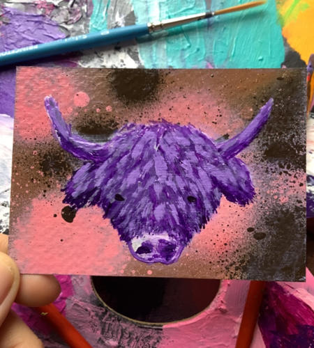 ACEO Original Art Acrylic Painting Purple Highland Cow, Spray Painted ...
