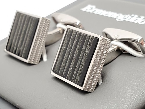 Ermenegildo Zegna Square Cuff Links Carved Black Silver Engraved Trim ...