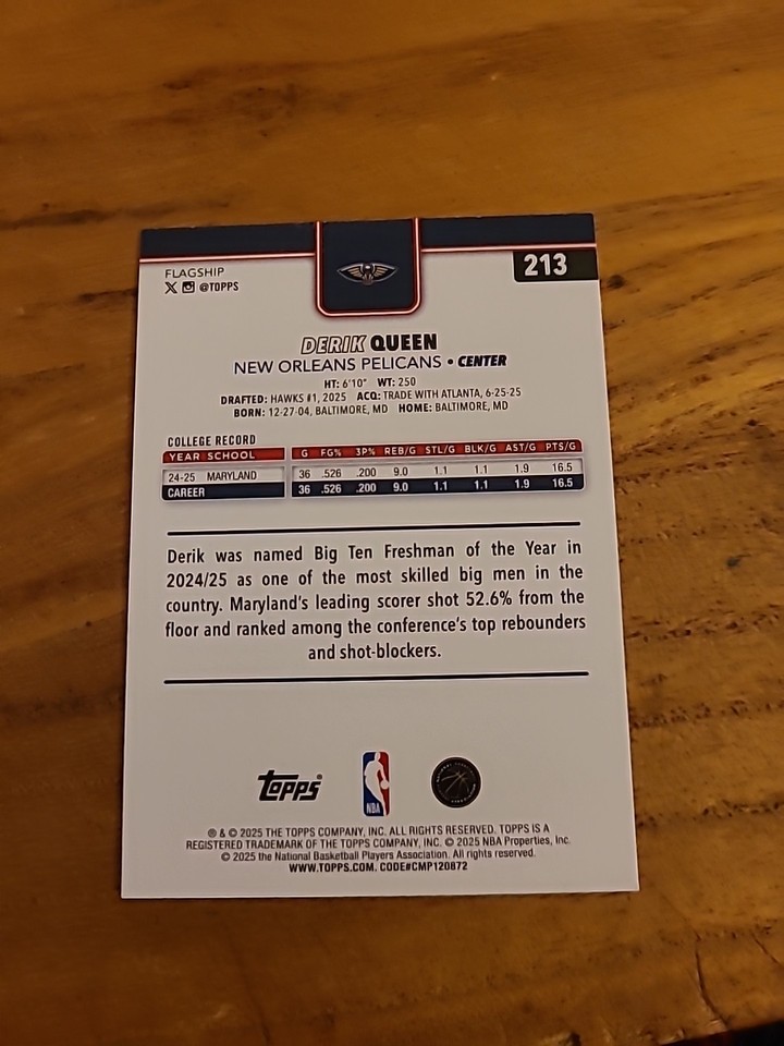 2025-26 Topps - Derik Queen - Rookie Card - New Orleans Pelicans #213 ...