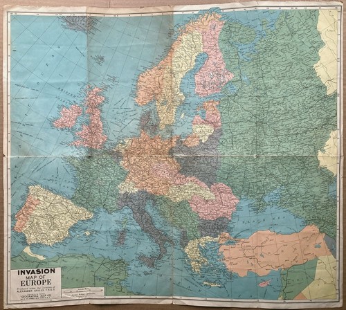 WWII Europe Invasion Map w US Armed Forces Insignia; Geographia ...