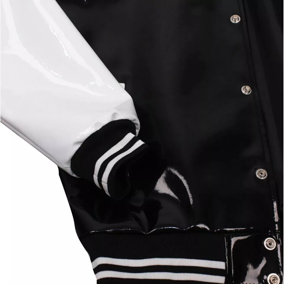 Men's Letterman Varsity Bomber Black & White Sleeves Vinyl PVC Leather ...