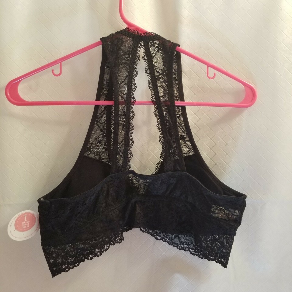 NWT Black Lace Flirtitude Bralette 90% Nylon & 10% Spandex Size L Bra ...