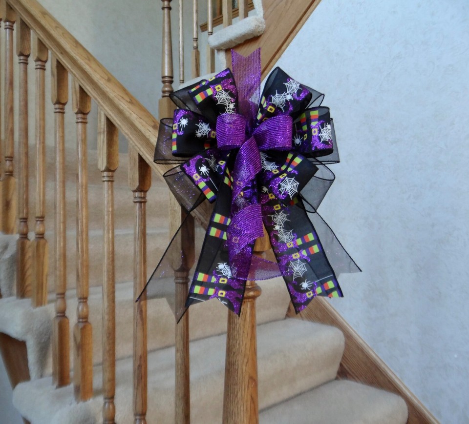 10" WIDE PURPLE & BLACK HALLOWEEN BOW~WITCH LEGS SPIDER WEBS ...