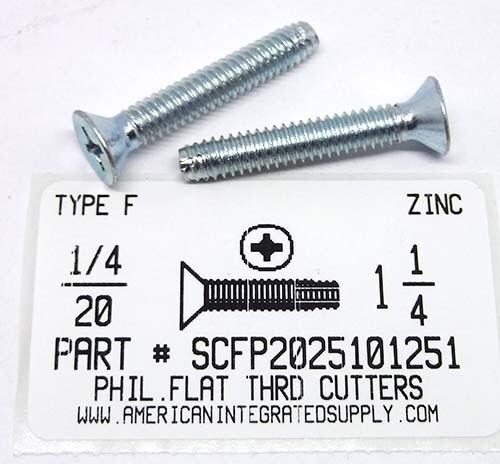1/4-20x1-1/4" Flat Phillips Thread Cutting Screws Type F Steel Zinc ...