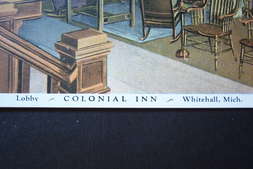Lobby COLONIAL INN Hotel, Whitehall, Michigan postcard, circa 1934-1936 ...
