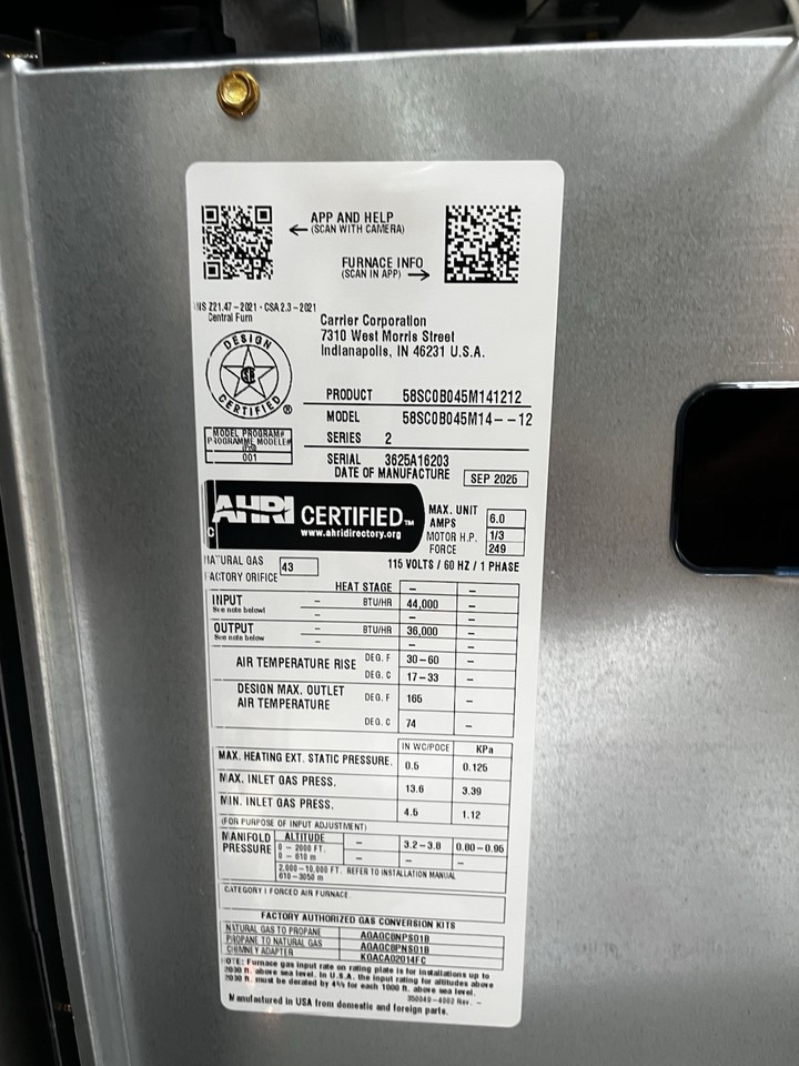 Carrier 80% gas-Furnace 14” wide, 3 ton, 45K btui with Manufacturer ...