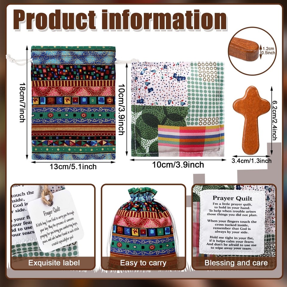 18 Pcs Mini Prayer Quilt with Cross and Drawstring Bag Inside Handmade ...