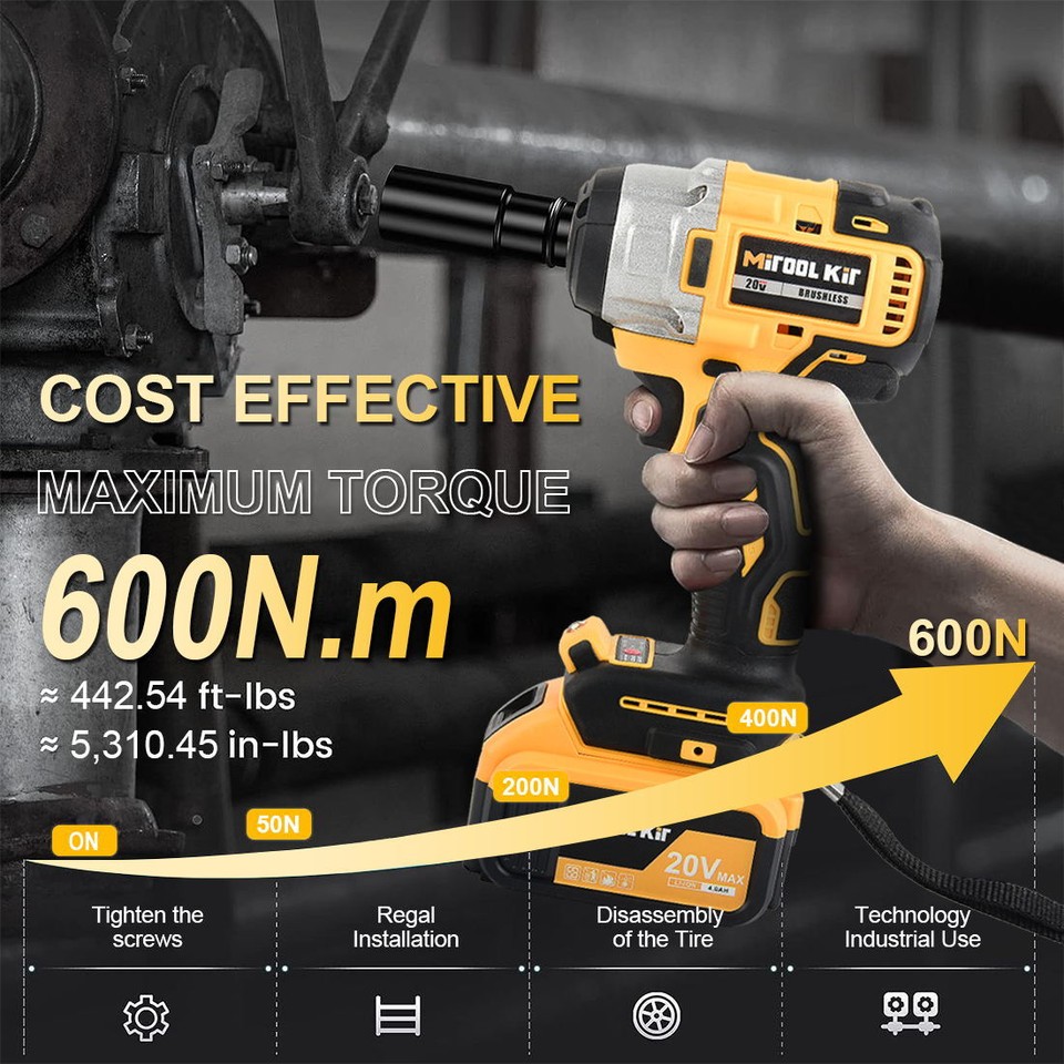 Cordless Electric Impact Wrench Gun 1/2'' High Power Driver with Li-ion ...