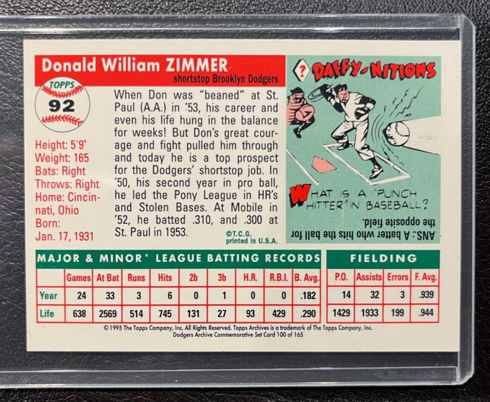 1995 Topps Archives Don Zimmer 1955 Reprint #92 MINT | eBay