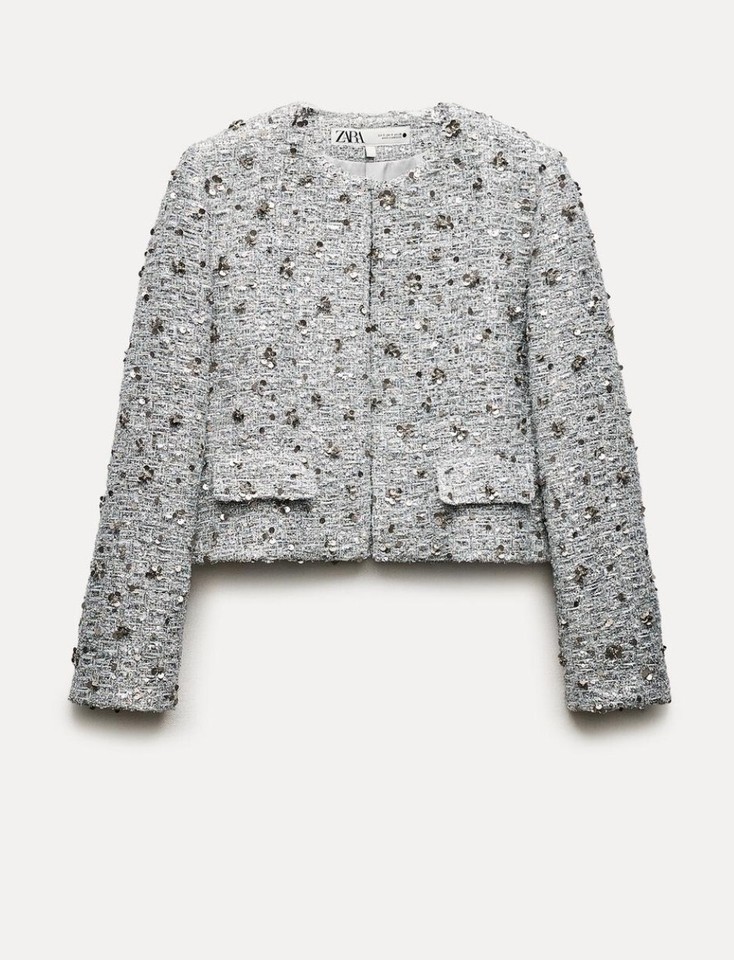 $159 ZARA ZW COLLECTION SS24 CROPPED SILVER SEQUIN JACKET Sz XS REF ...