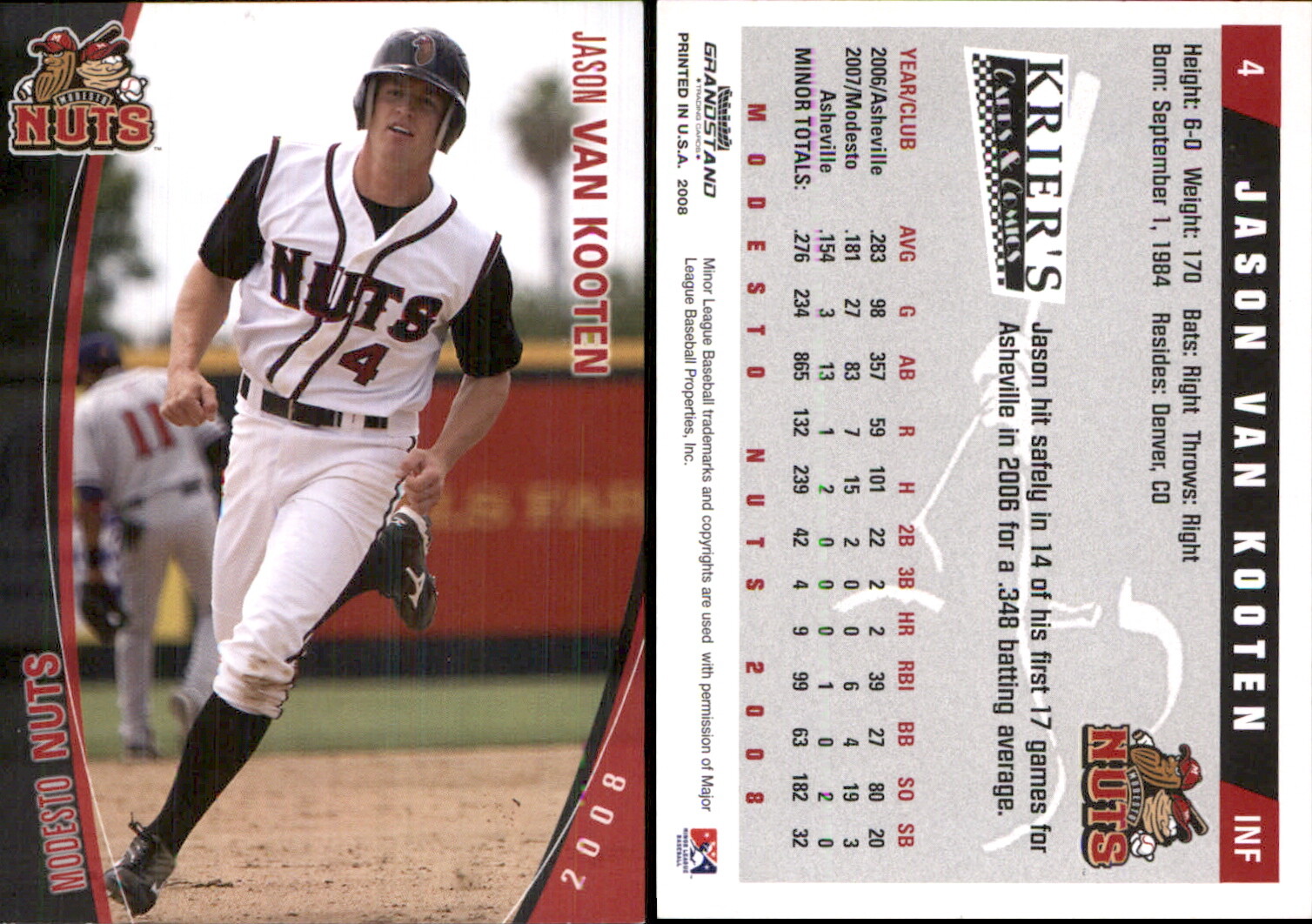Jason Van Kooten 2008 Grandstand Modesto Nuts #26 RC FREE SHIP ...
