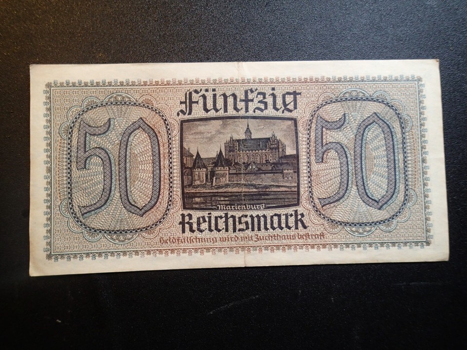 NICE ORIGINAL WW II BANKNOTE NAZI GERMANY GERMAN 50 REICHSMARK No B ...