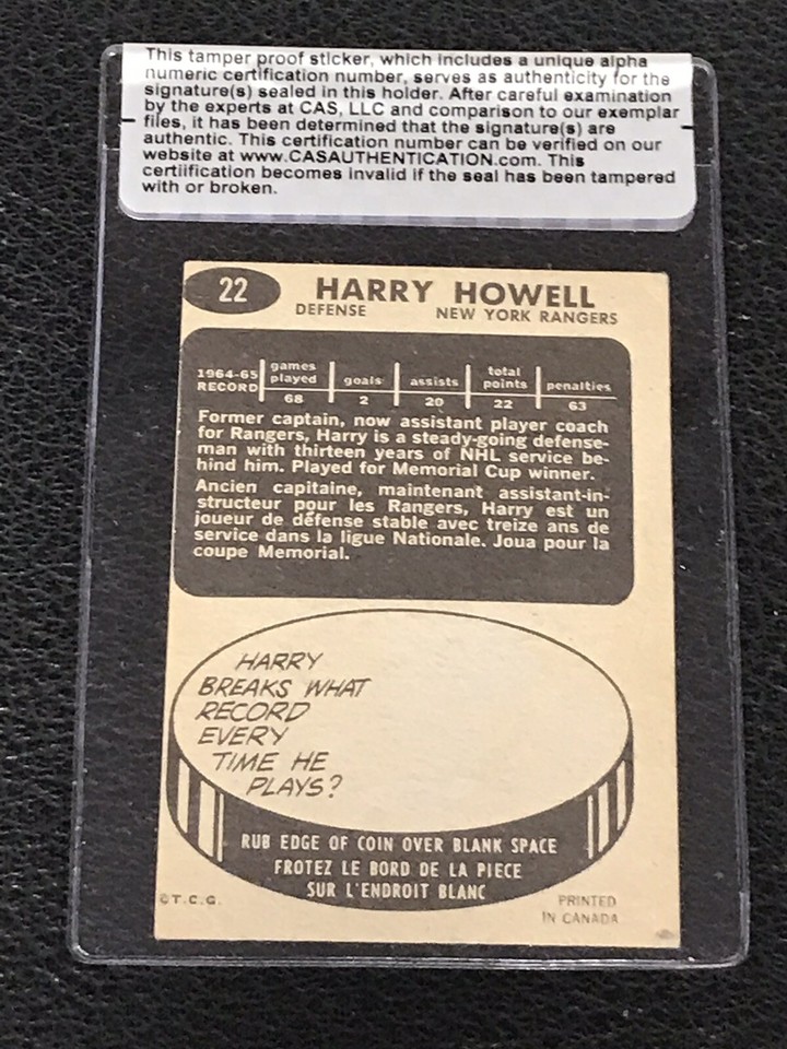 HOF HARRY HOWELL 1965-66 TOPPS SIGNED AUTOGRAPHED CARD #22 RANGERS CAS ...