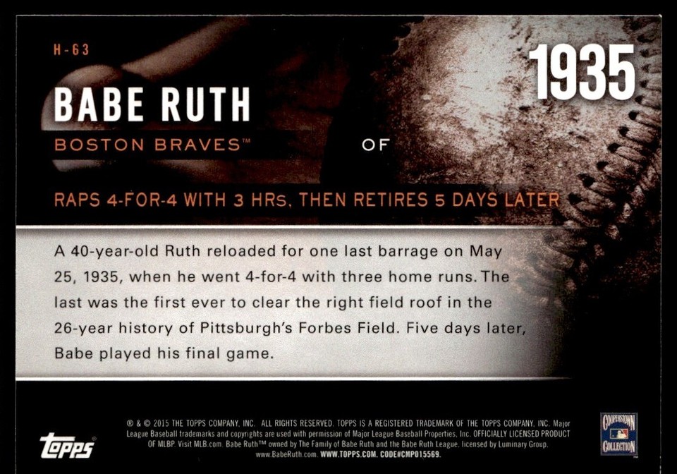 2015 Upper Deck Highlight of the Year Babe Ruth Boston Braves #H-63 | eBay