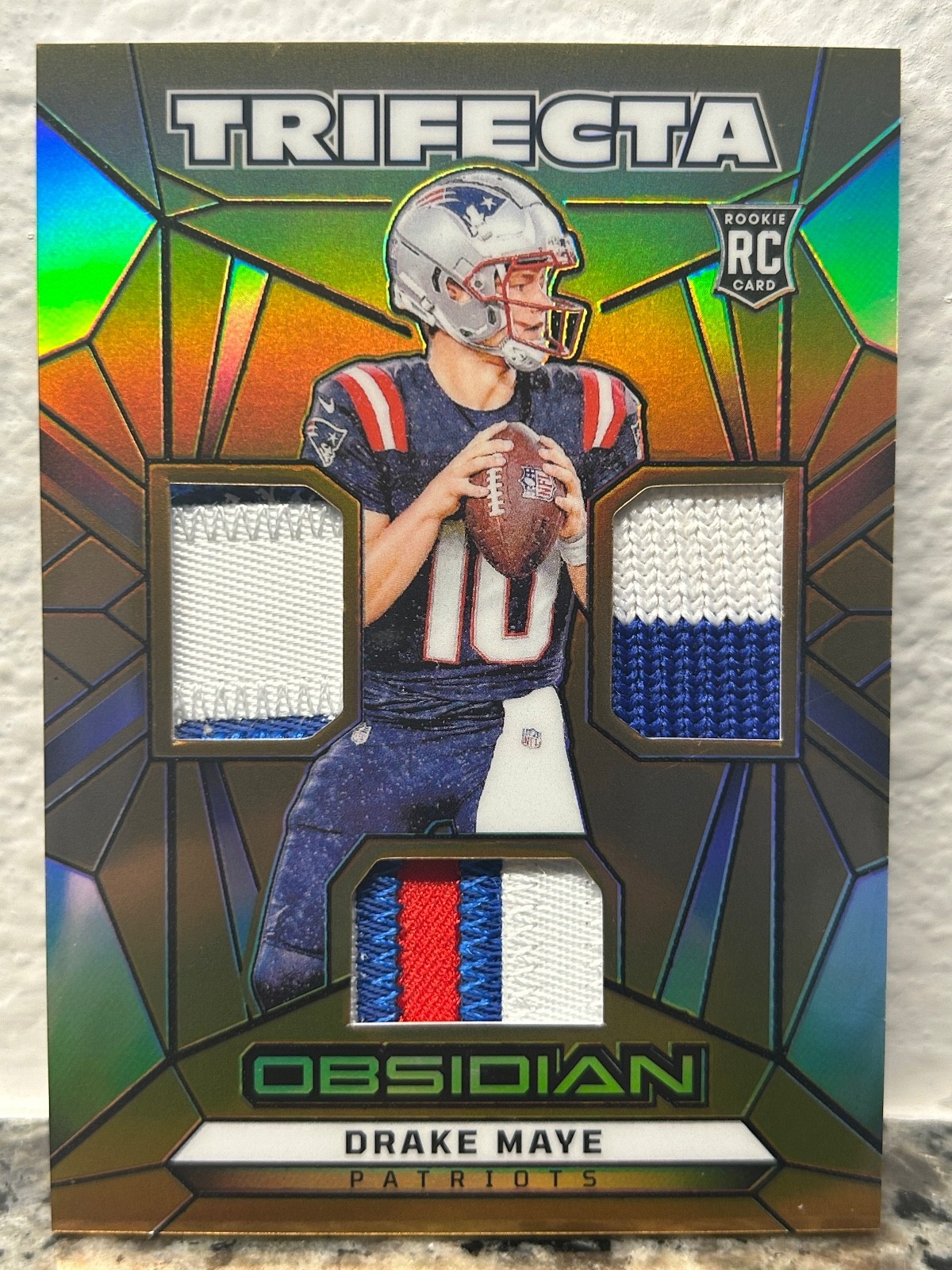 2024 Panini Obsidian Drake Maye TRIFECTA GOLD ROOKIE TRIPLE PATCH /10 SSP RC | eBay