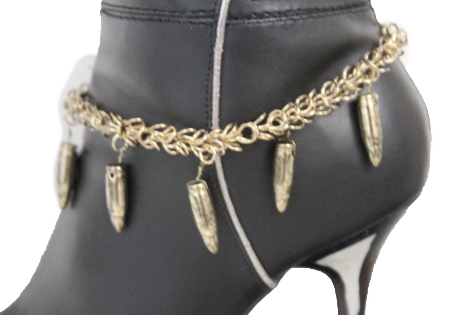 Women Dark Gold Metal Chain Boot Bracelet High Heel Shoe Charm Bling ...