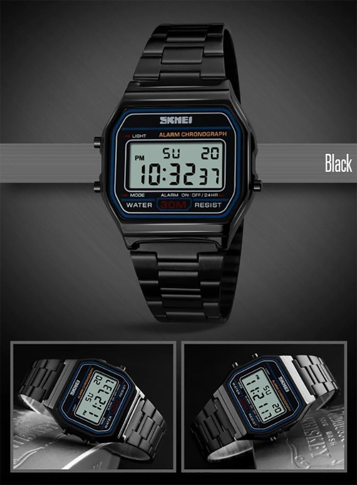 Skmei Mens Boys Classic Clear Digital Watch Retro Alarm Metal Strap ...